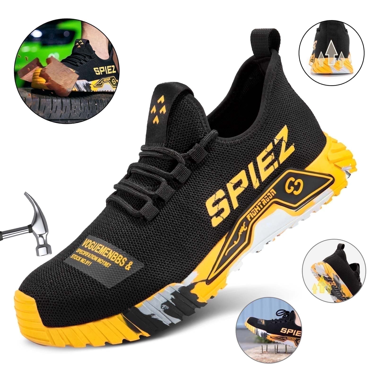 SPIEZ® Mens Steel Toe Safety Shoes, Non Slip Rubber Sole Work Shoes ...