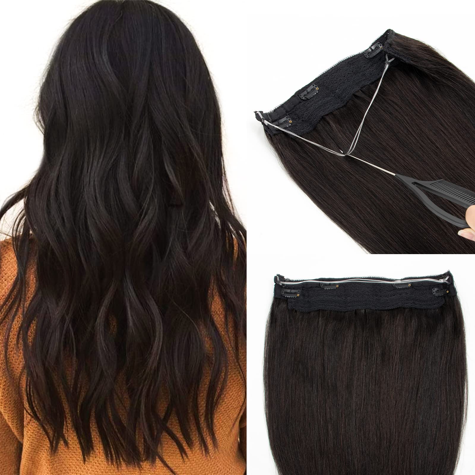 SPIKFN Wire Hair Extensions, 14 inch 70g Natural Black Invisible Wire ...