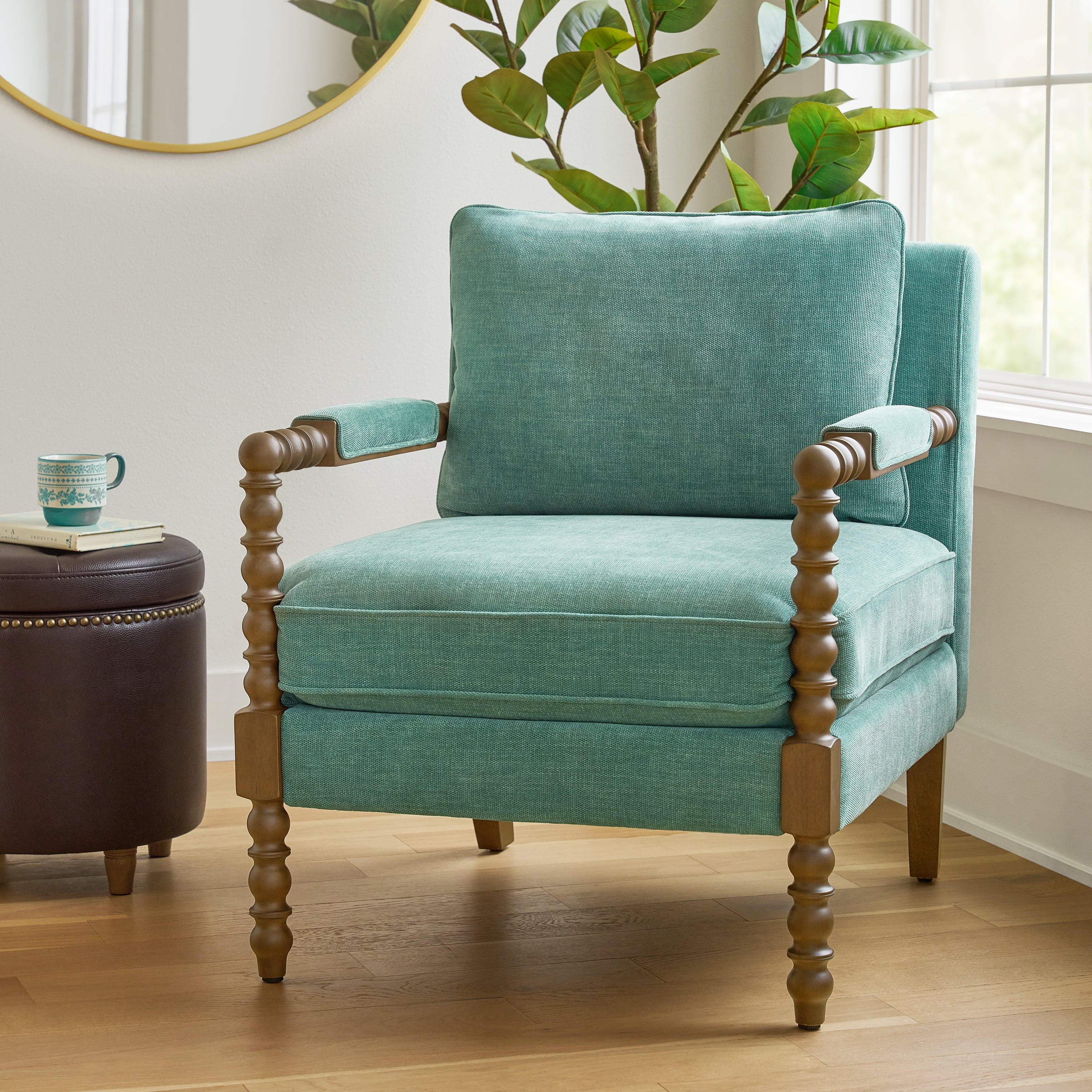 Pioneer Woman Harper Spindle Accent Chair, Jade Fabric Upholstery ...