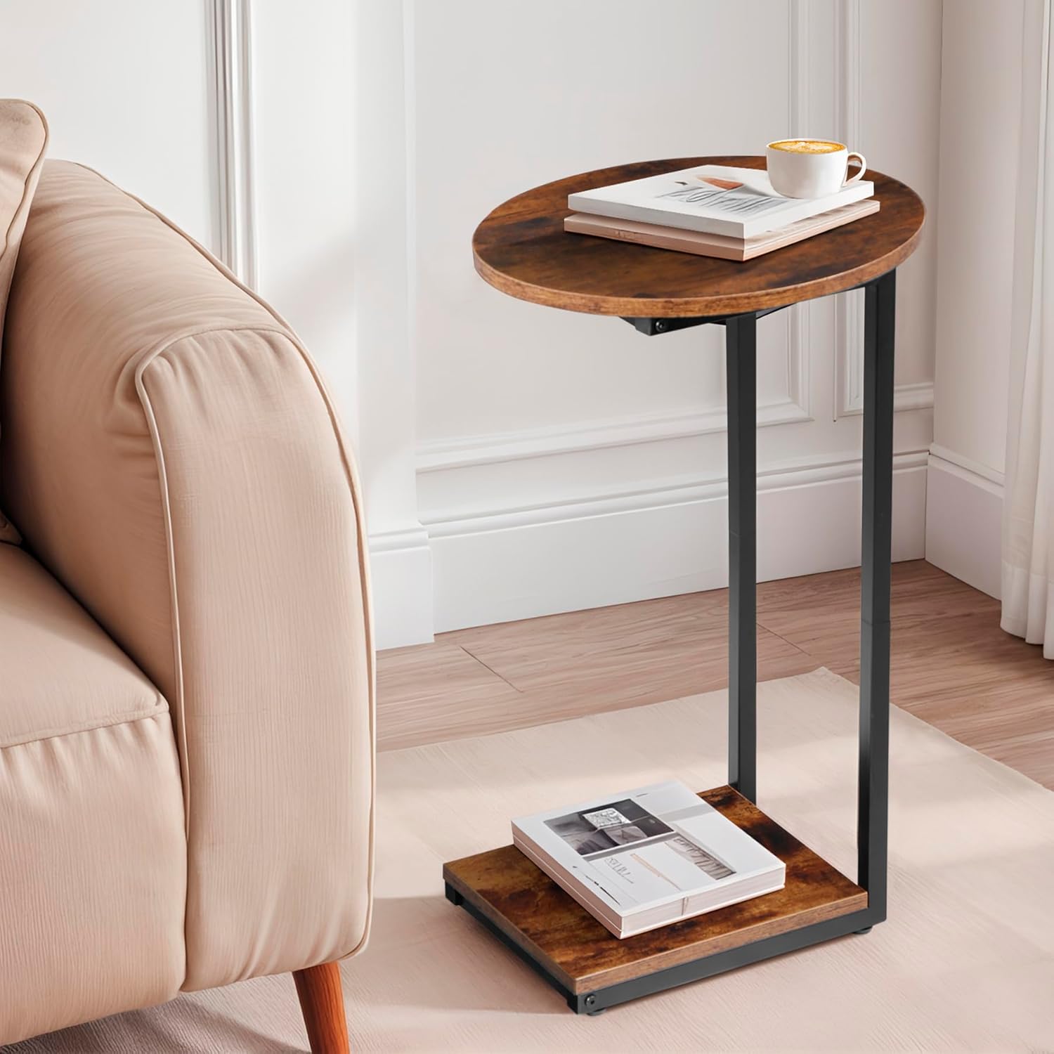 SPITEZ C-Shaped Side Table Small End Table Wood Sofa Table with Metal ...