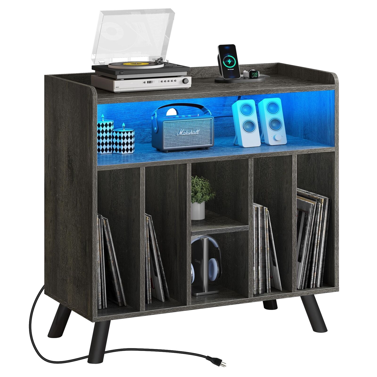 SPITEZ Record Player Stand with Power Outlets and LED Lights Holds Up ...