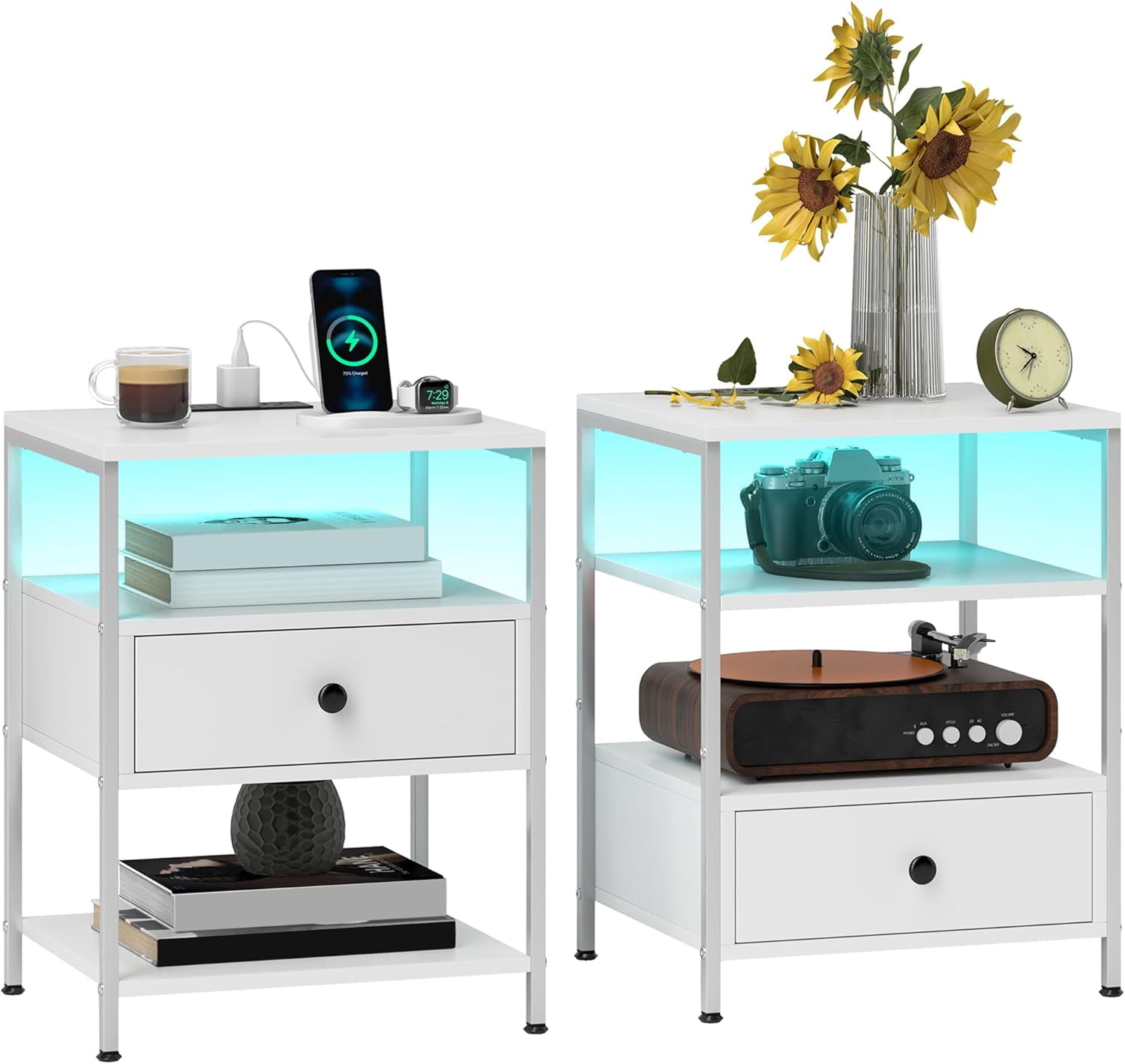 SPITEZ Set of 2 End Tables with Charging Stations and LED Lights, 3 ...