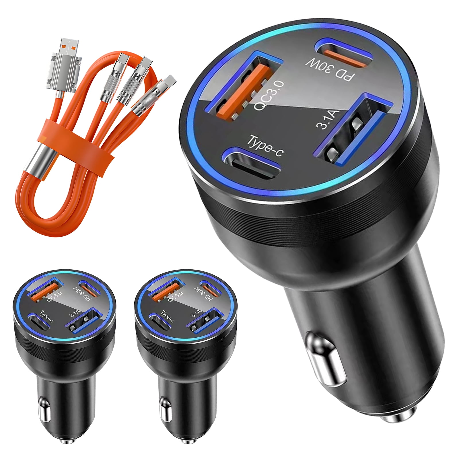SPOKKI 3Pcs 4 Port Fast Car Charger 12V USB-C & USB A Car Charger Power ...