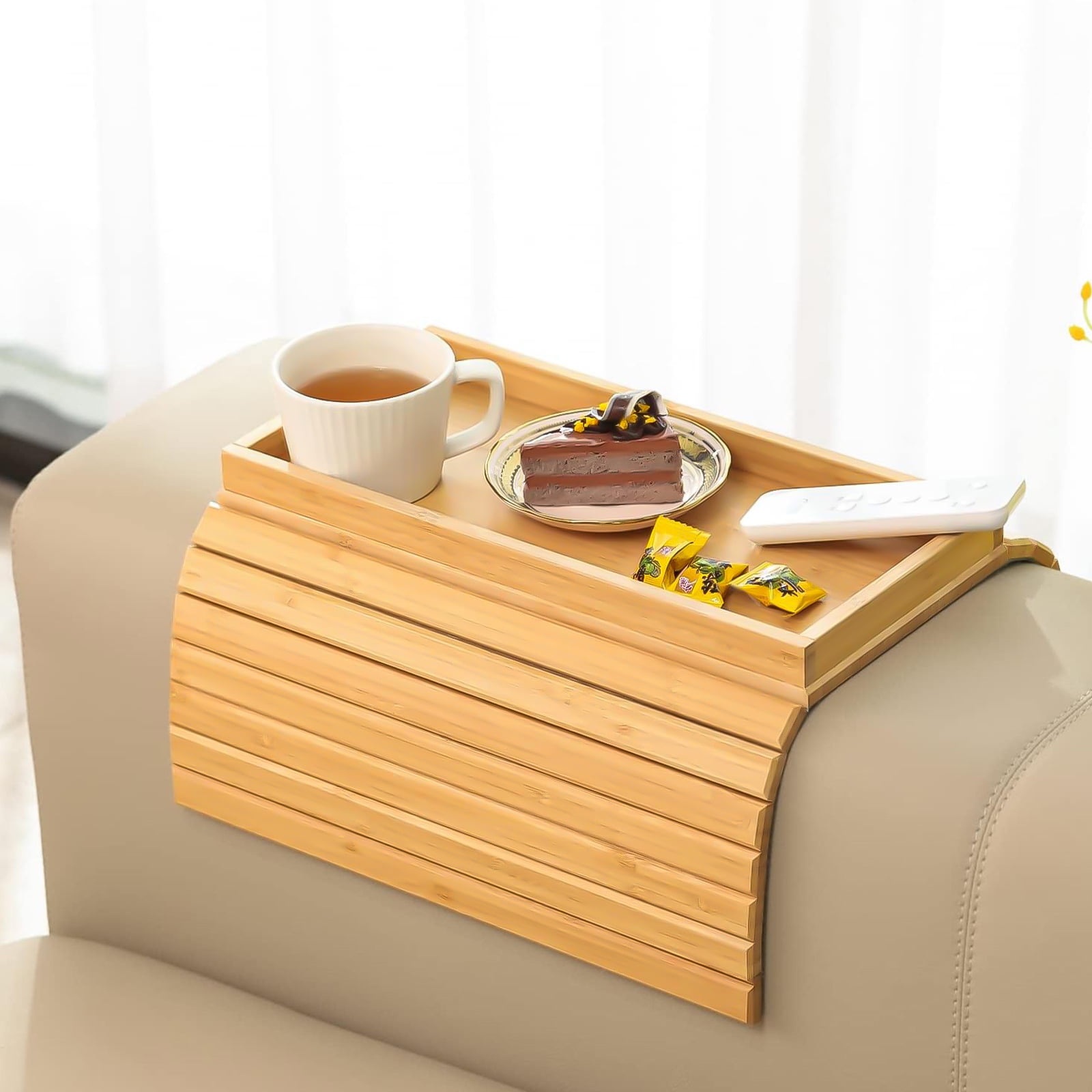 SPOKKI Bamboo Sofa Armrest Tray Table - Couch Arm Tray with Detachable ...