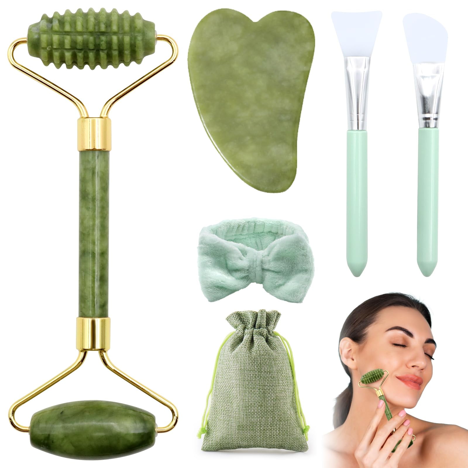 SPOKKI Jade Roller Gua Sha Set, Face Jade Roller & Guasha Scraping ...