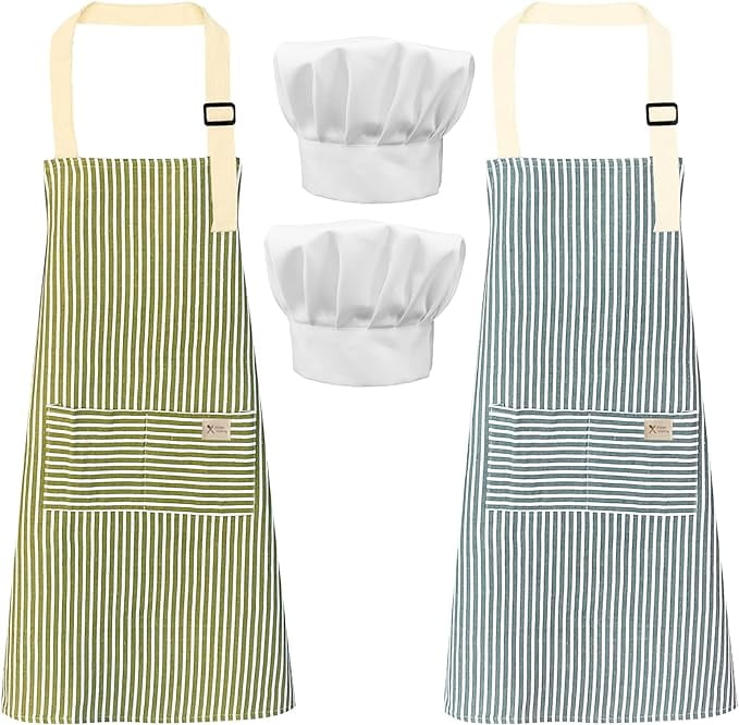 SPOKKI Pack of 2 Cooking Aprons with Pockets, 2 Chef Hats, Cotton Linen ...