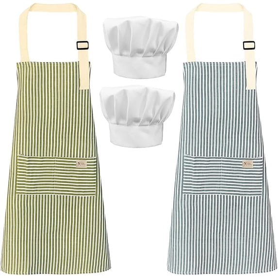 SPOKKI Pack of 2 Cooking Aprons with Pockets, 2 Chef Hats, Cotton Linen ...