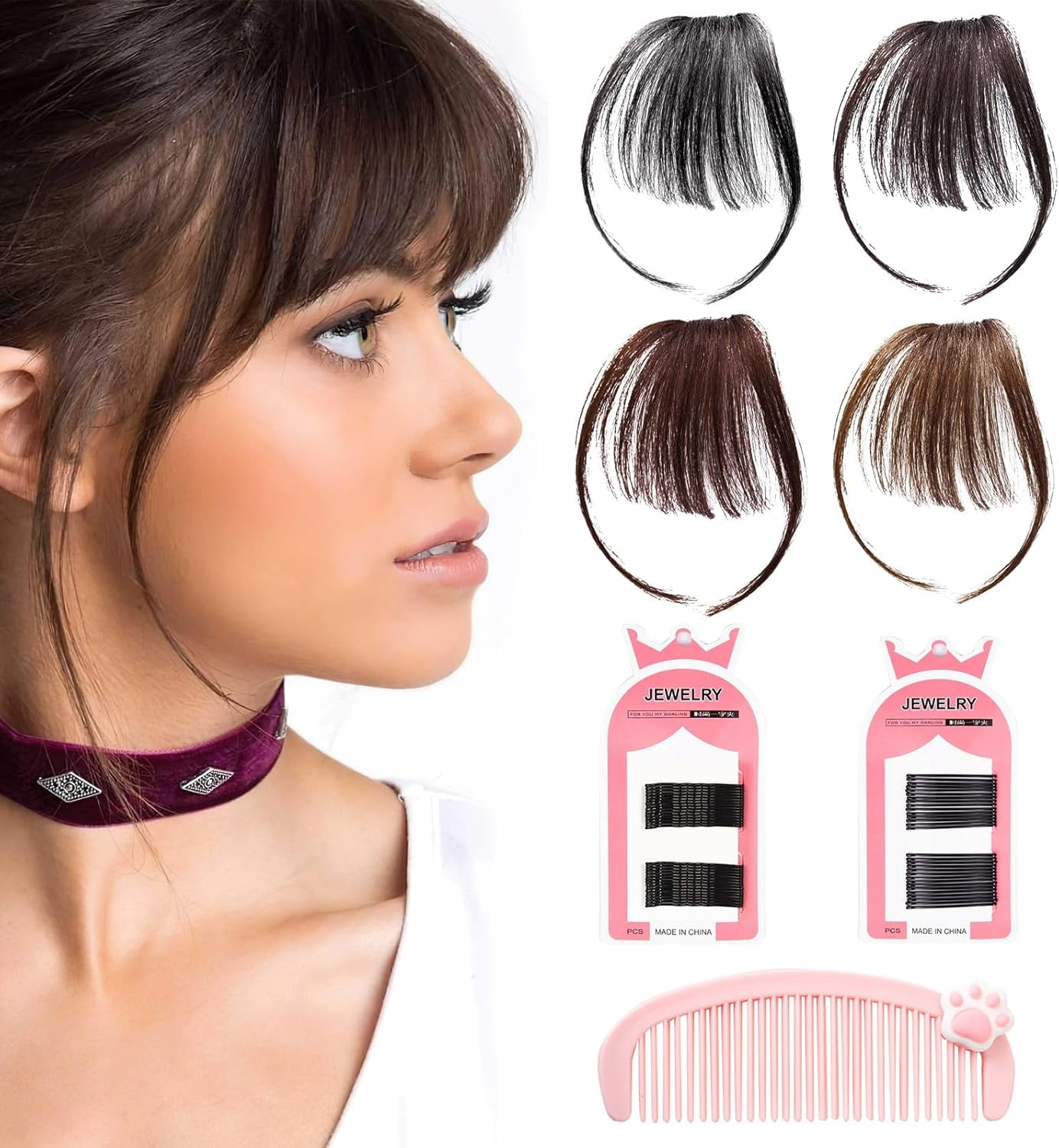 SPOKKI Pack of 4 Clip-In Bangs, Fake Bangs, Fringe Hair Clip in Fringe ...