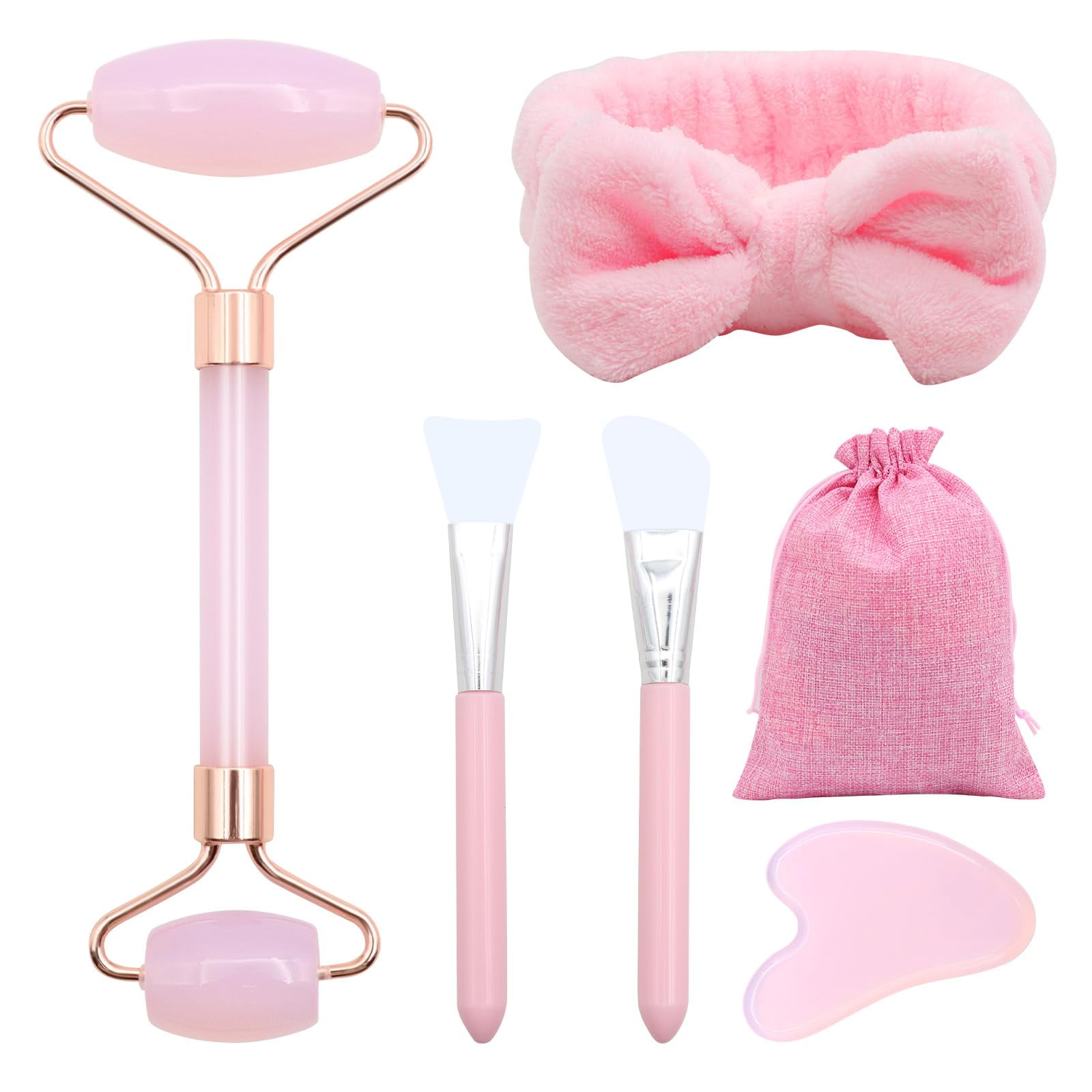 SPOKKI Rose Quartz Face Roller Gua Sha Set, Pink Jade Roller for Women, Gua Sha Stone Massage ...