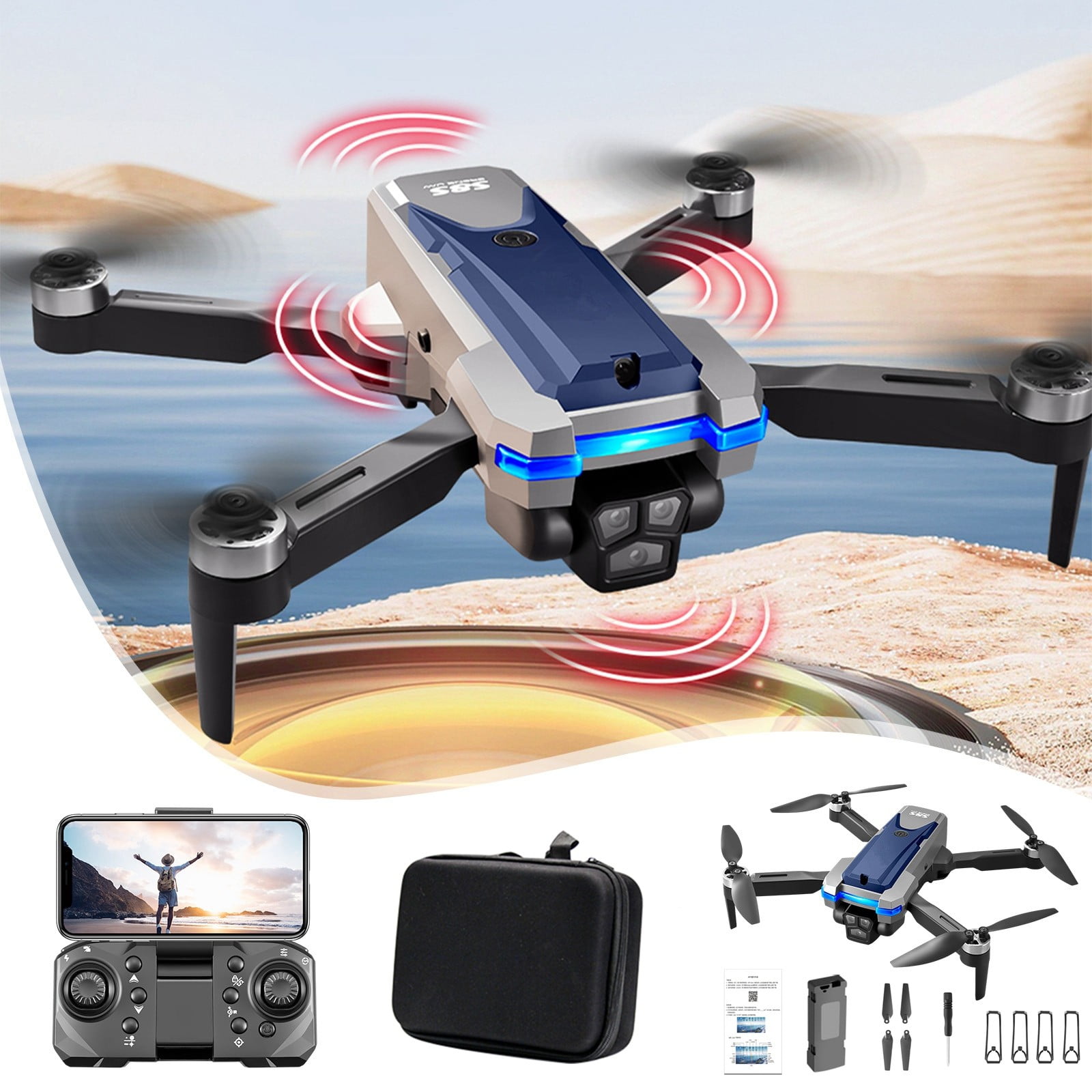 SPOORYYO Brushless Motor Drones With 3 Cameras Wind Resistance Headless ...