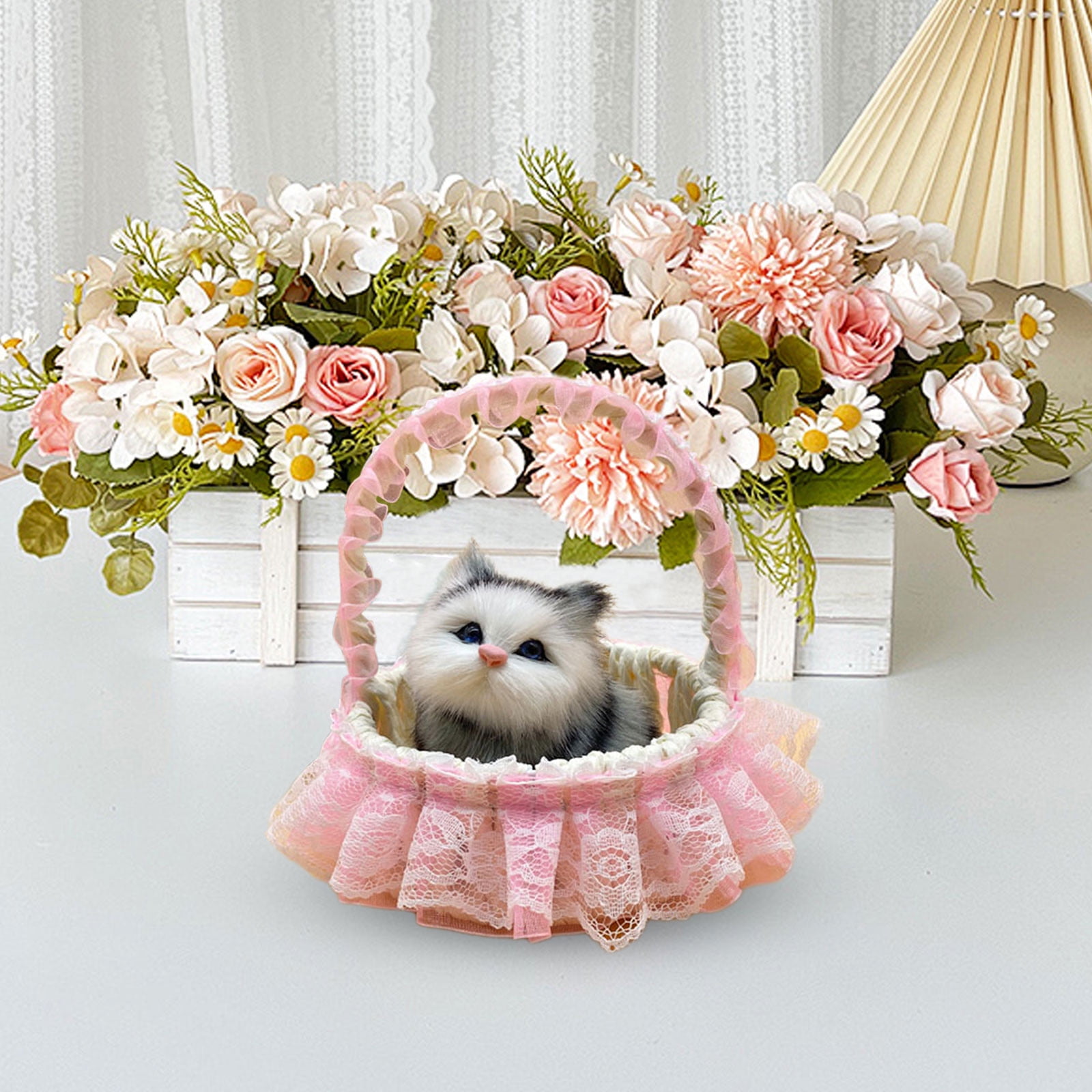 SPOORYYO Cozy Simulation Cats in Lace-Edged Flower Basket - Lifelike ...