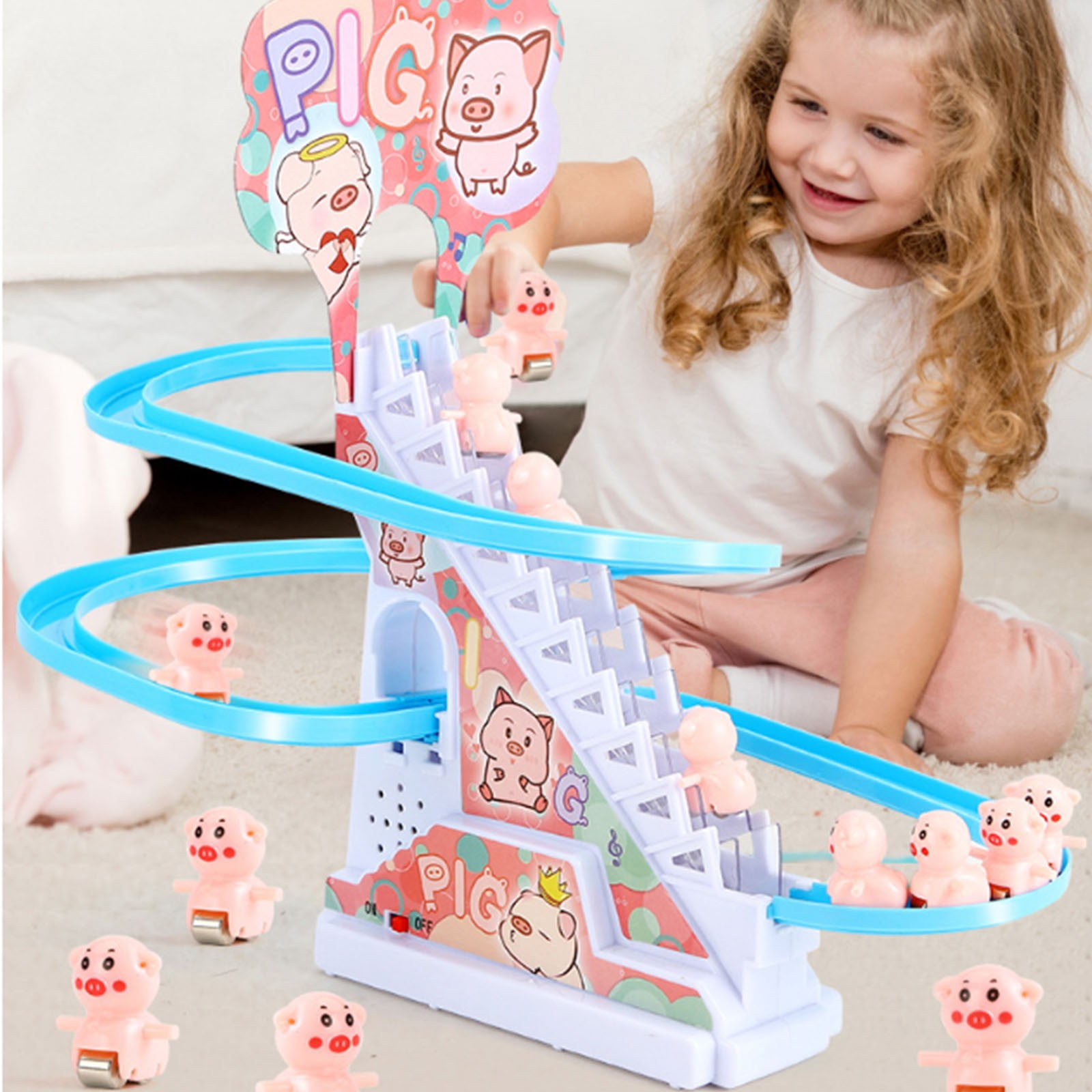 SPOORYYO Electric Piglet Penguin Climbing Stairs Slide Rollercoaster ...