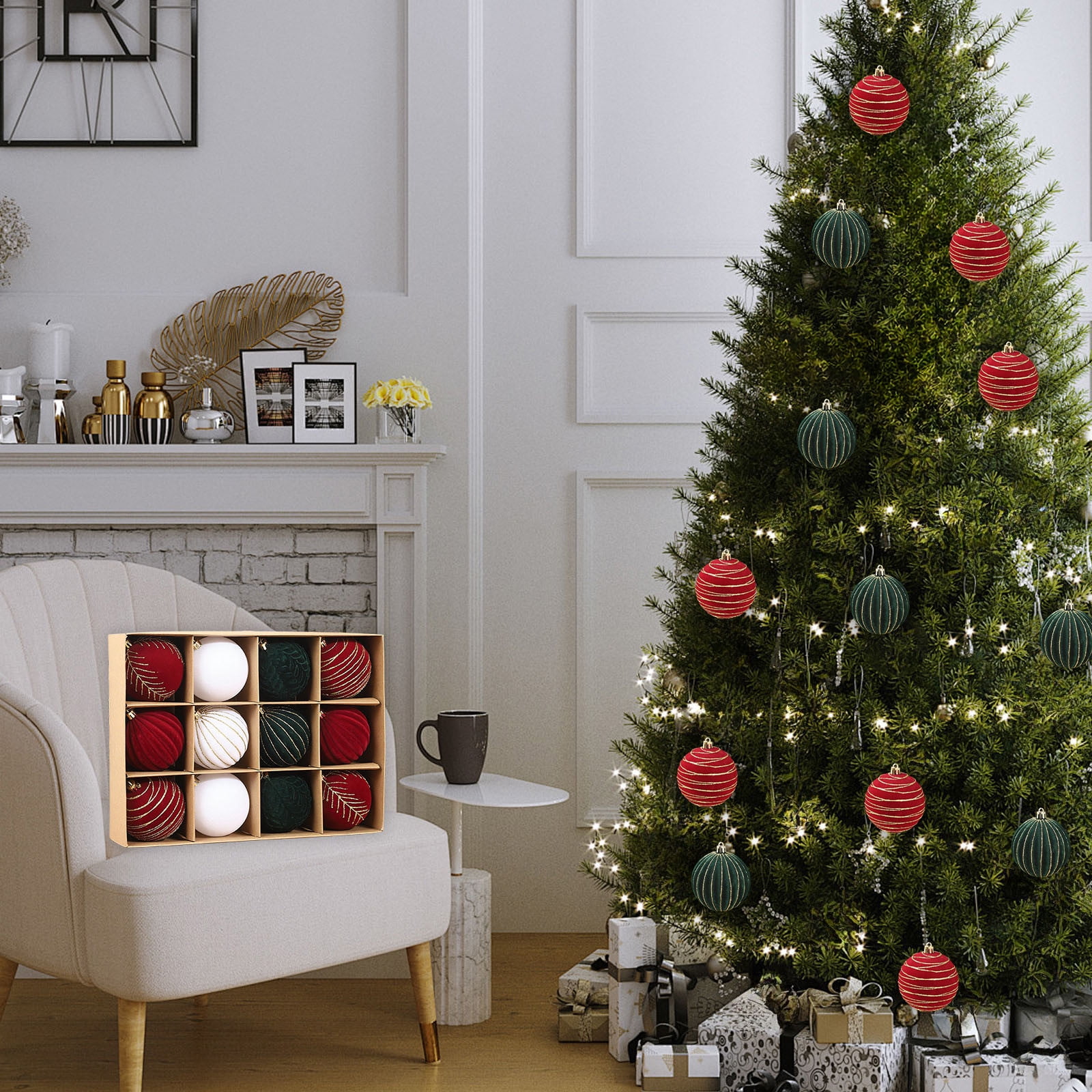 SPOORYYO Flocked Velvet Christmas Baubles - 12 Pack Multicolor ...