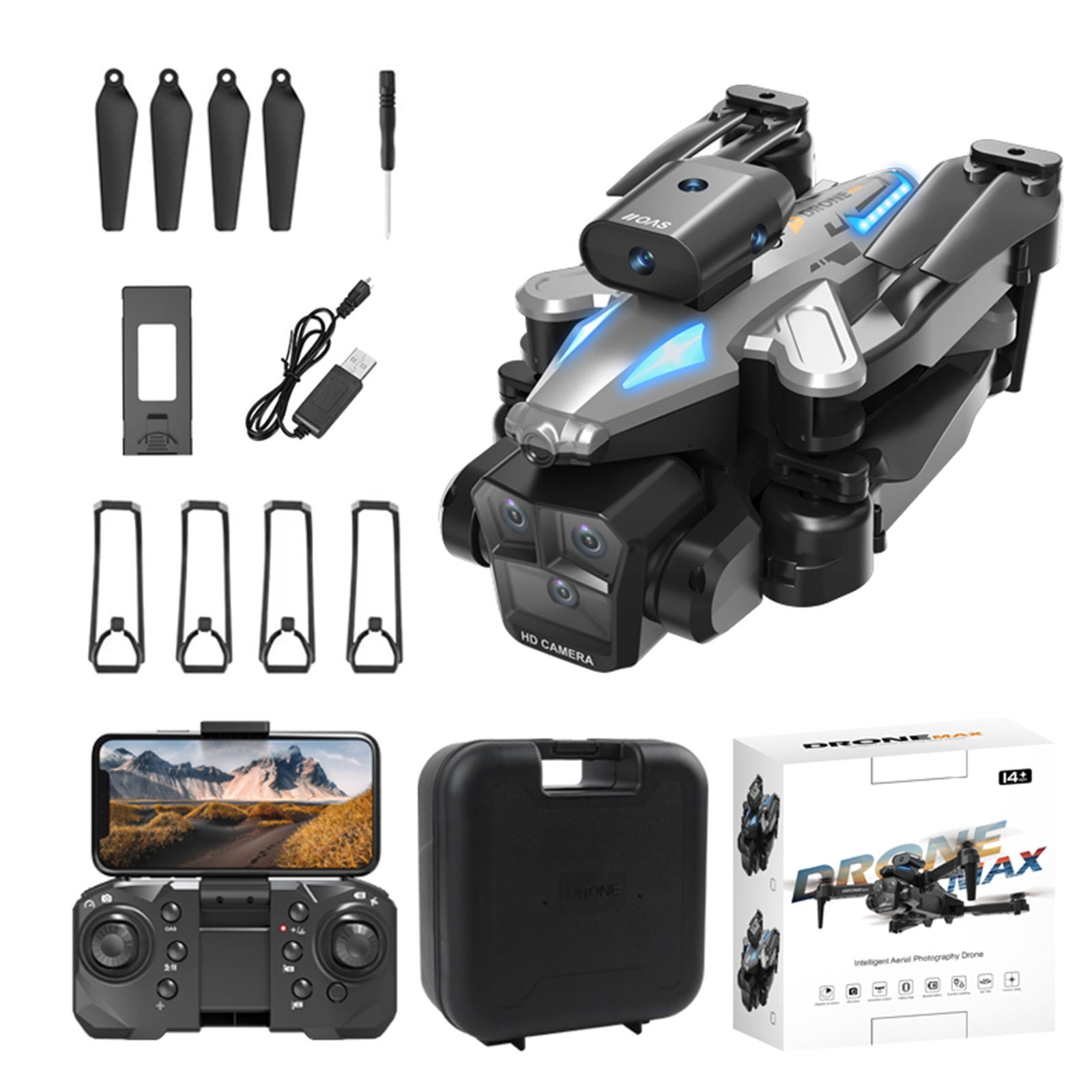 SPOORYYO Four-Way Obstacle Avoidance Remote Control Drone, Camera Lens ...