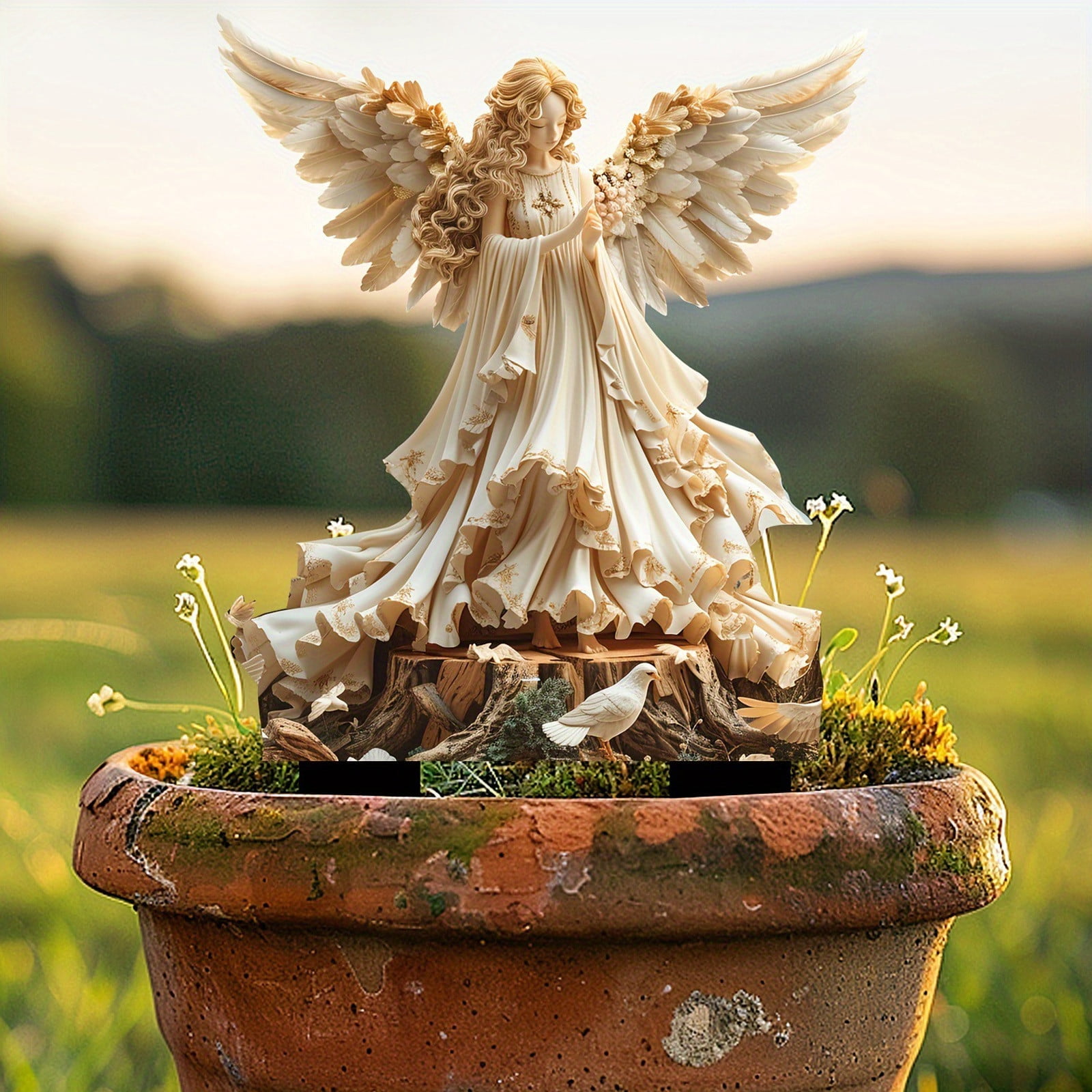 SPOORYYO Garden Stakes Decor, White Angel Girl with Pigeons Sculpture ...