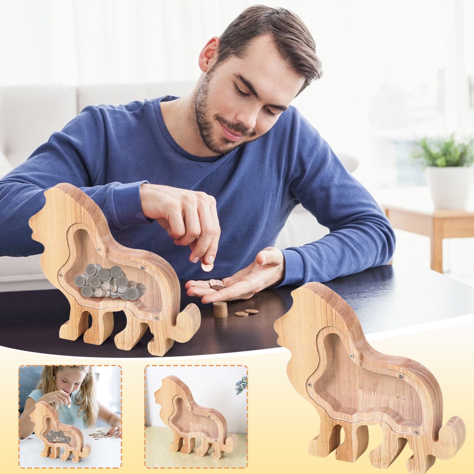 SPOORYYO Lions Wooden Coin Bank - High-capacity, Transparent Currency ...