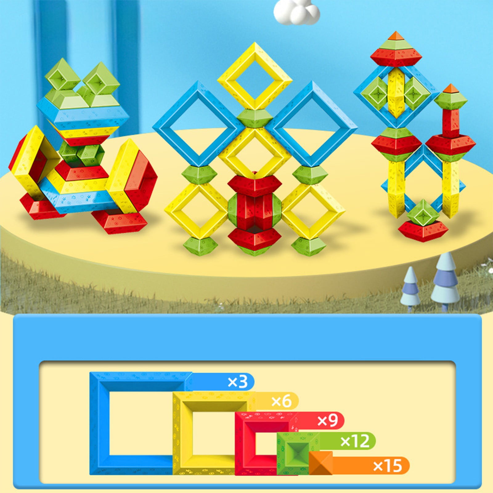 SPOORYYO Plastic Building Blocks Set with Geometric Shapes, Magnetic Assembly, Patterned Pieces ...