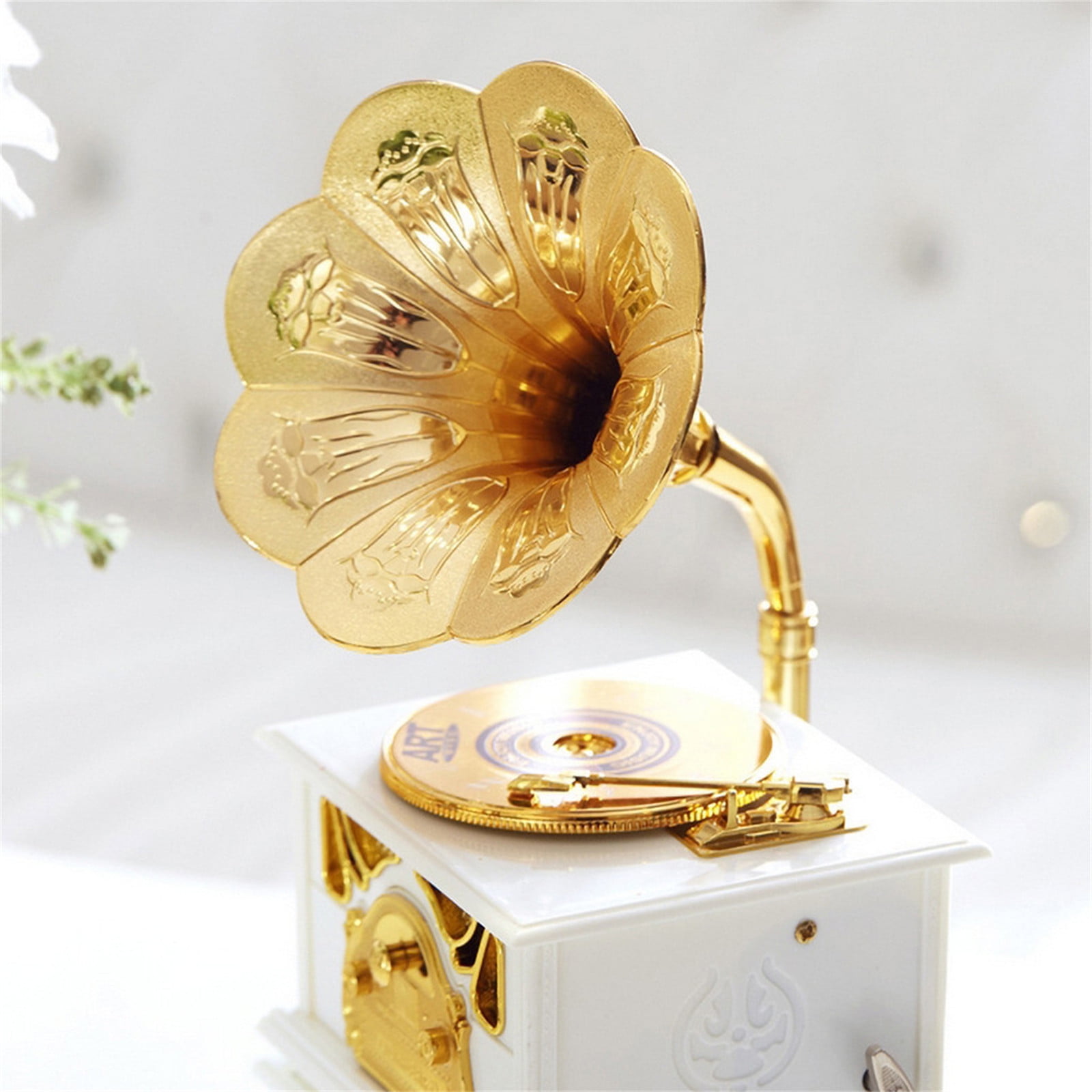 SPOORYYO White Retro Gramophone Music Box - Wooden Vintage Style ...
