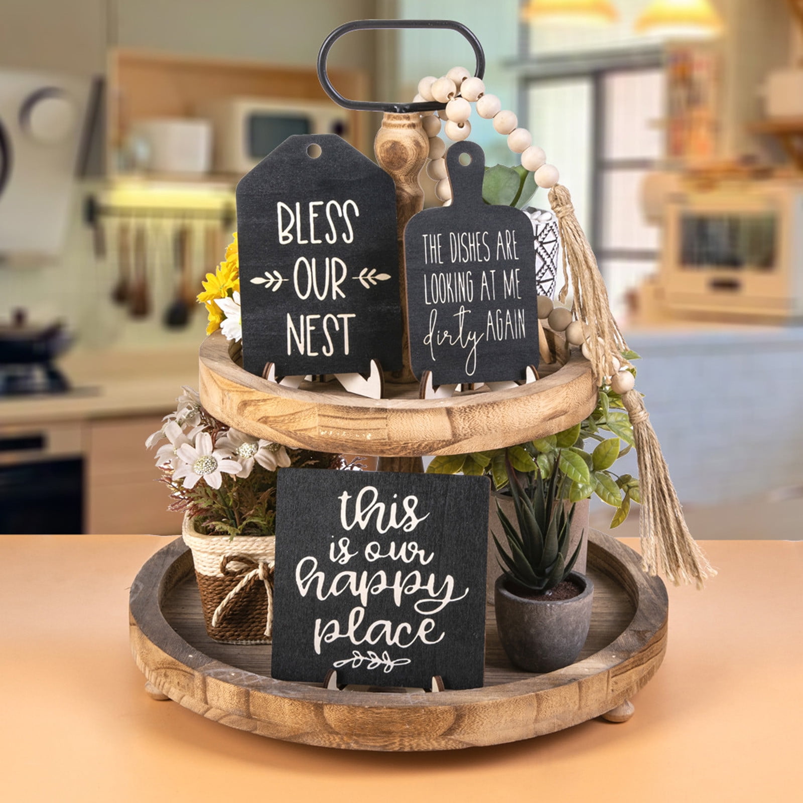 SPOORYYO Wooden Layered Tray Decor with Utensils - Rustic Tabletop ...