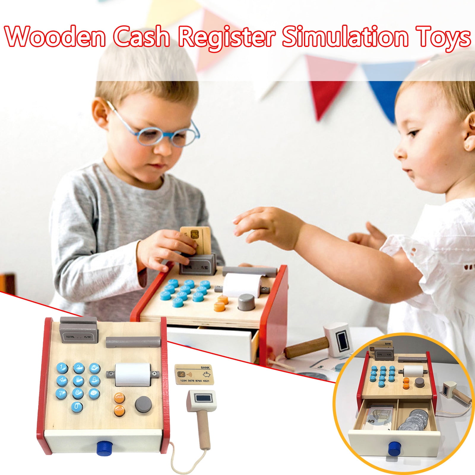 SPOORYYO Wooden Simulation Cash Register Toy for Kids: Light Scan, Real ...