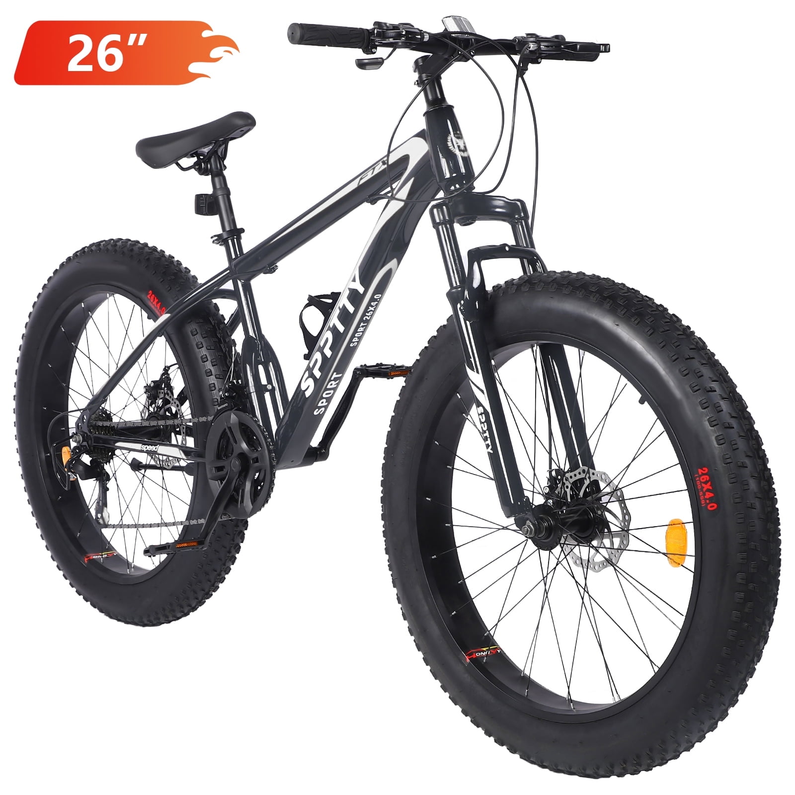 SPPTTY 26" Fat Tire Mountain Bike,4" Non-Slip Wide Tires with 21 Speed ...