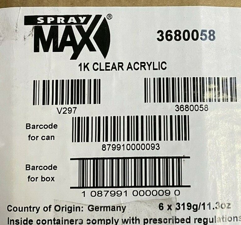 SPRAY MAX 1K CLEAR ACRYLIC 3680058, V297 (6EA/CASE) 6X11.3OZ - Walmart.com