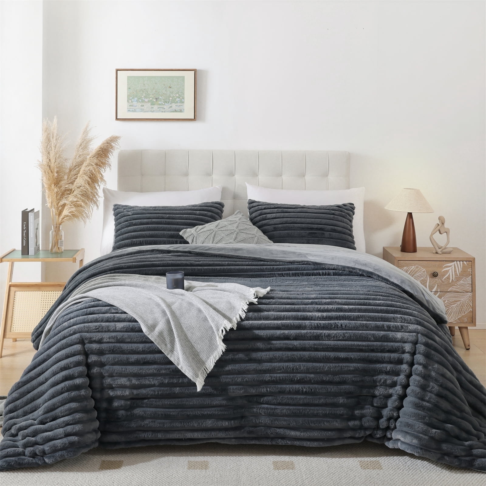 SPRINDAY Fluffy Queen Comforter Set 3 Pieces - Dark Gary Fleece Luxury ...