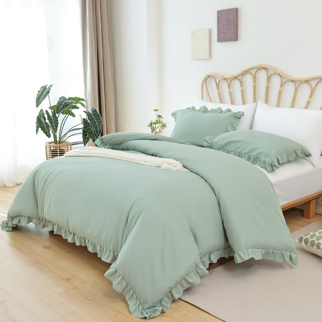 SPRINDAY Full Size Comforter Set For Adult, 3 Piece Ruffle Green ...