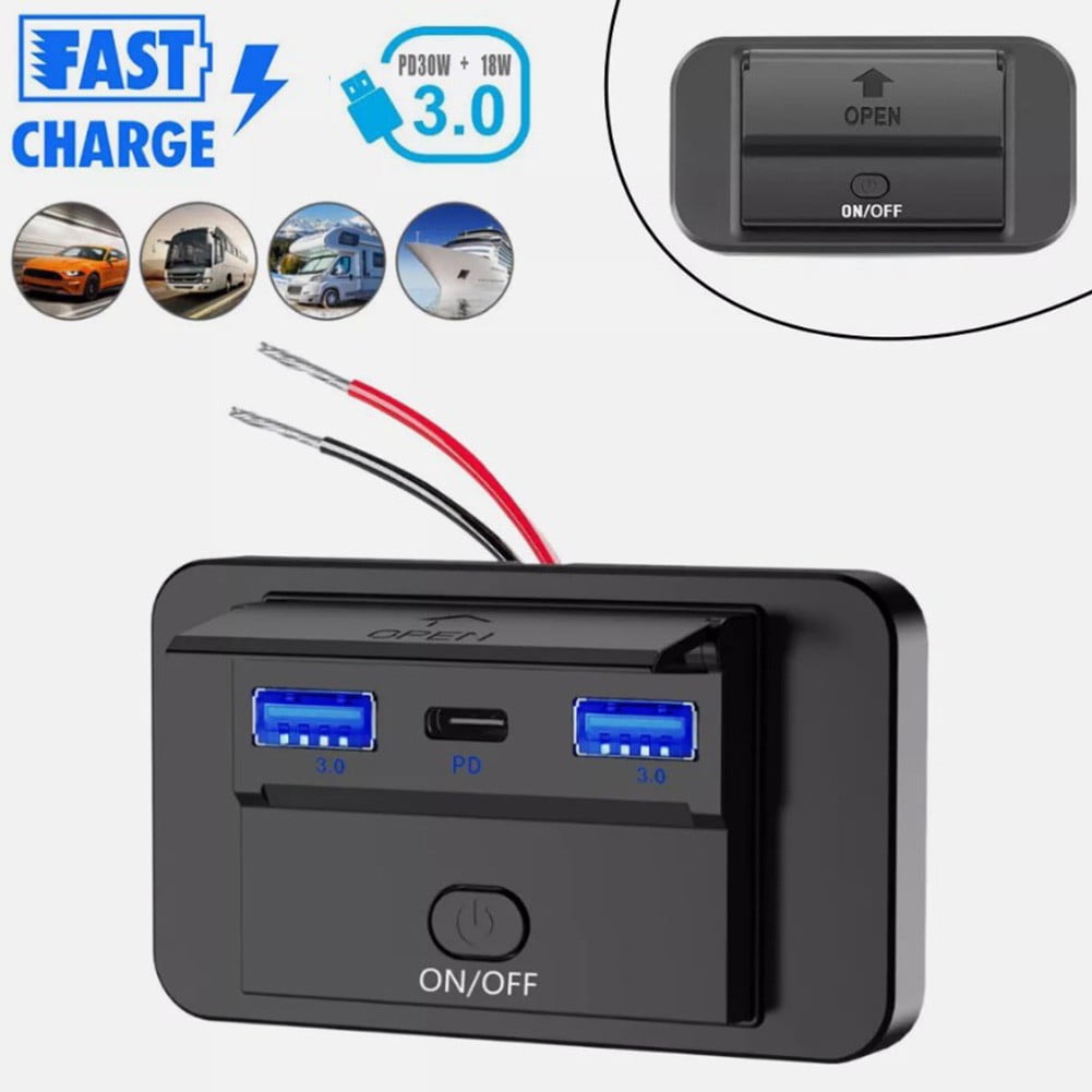 SPRING 12V-24V USB Outlet Panel Wall Mount Dual USB 3.0+PD3.0 Ports Car ...