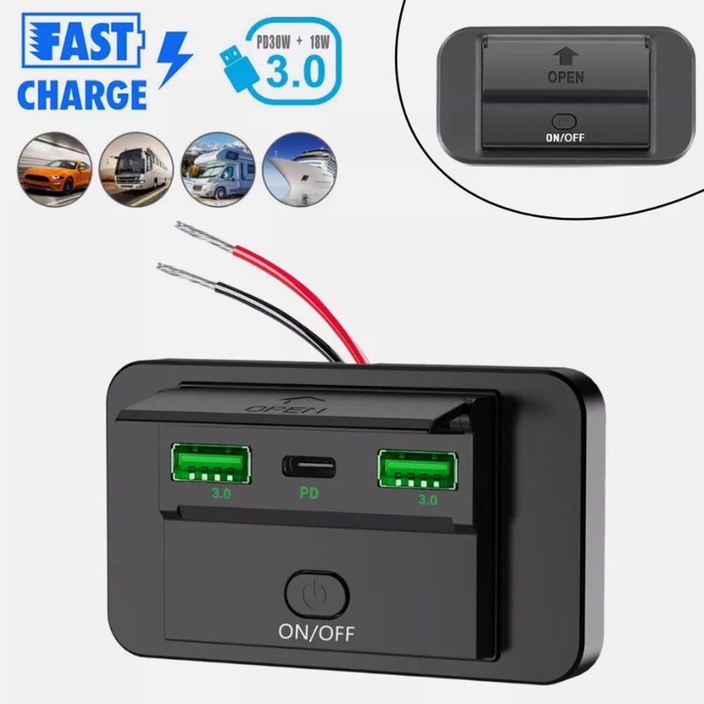 SPRING 12V-24V USB Outlet Panel Wall Mount Dual USB 3.0+PD3.0 Ports Car ...