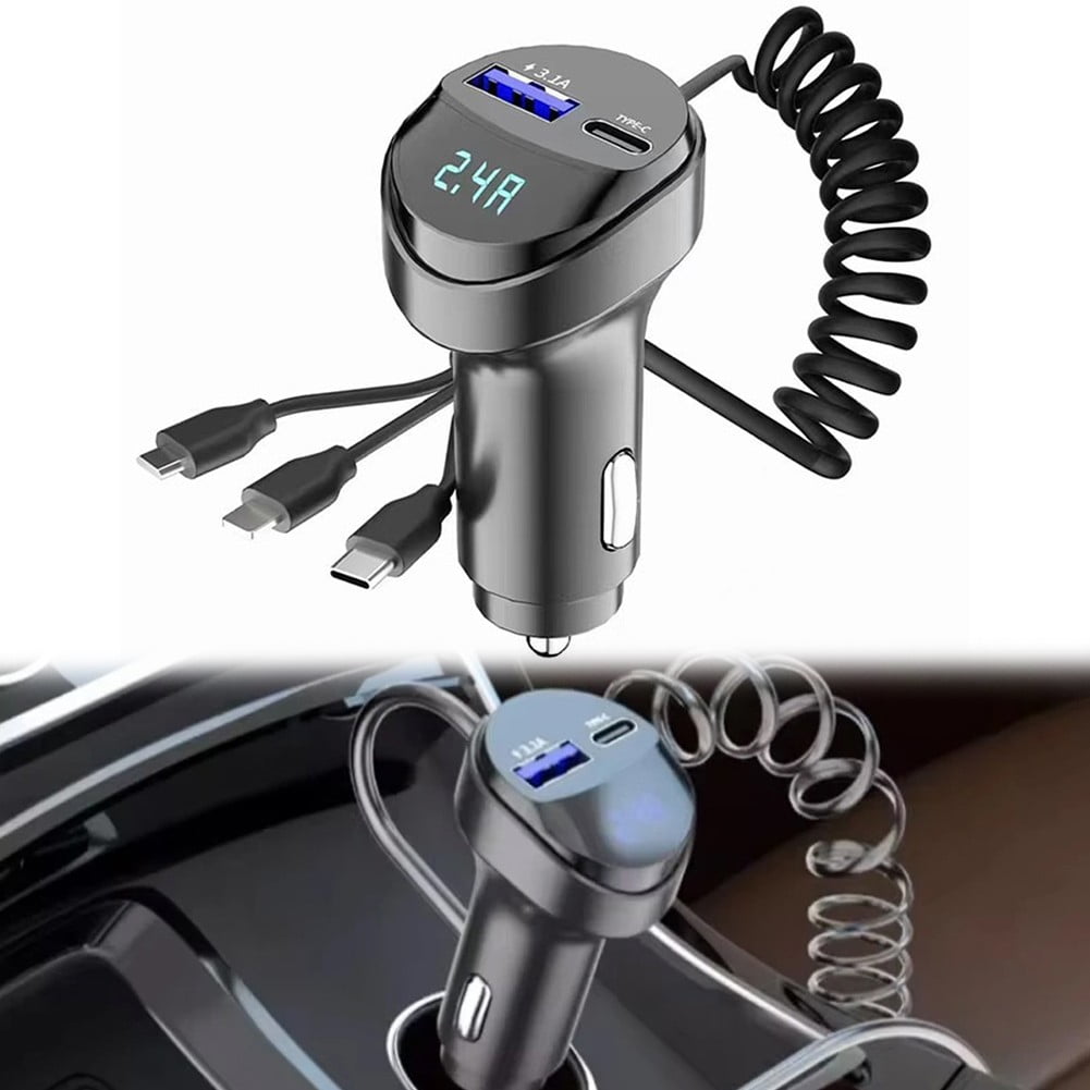 SPRING High Power 55W Dual Port Car Charger with Retractable Cable and ...