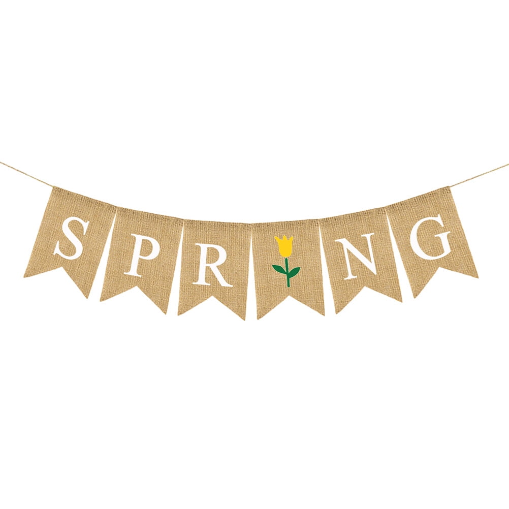 SPRING Letters Bunting Banner Decorative Flower Pattern Linen Burlap ...