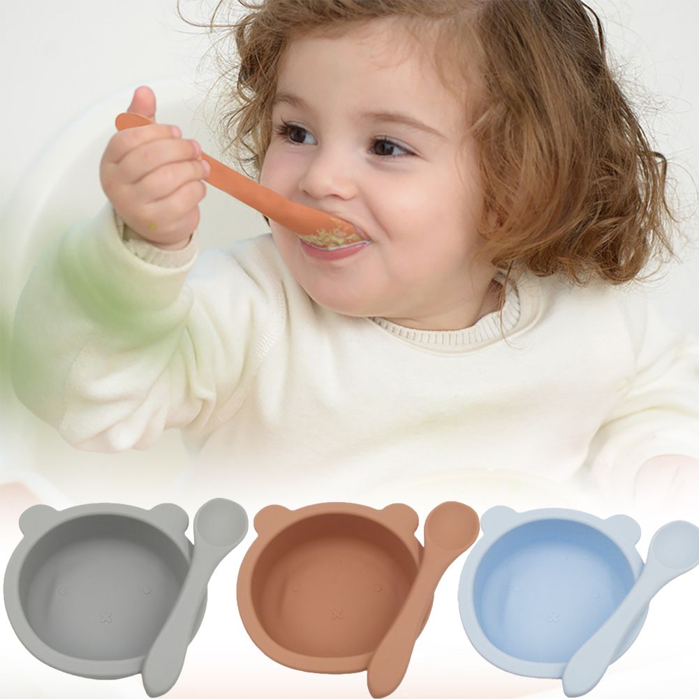 SPRING PARK 1 Set Kids Bear Shape Silicon Suction Bow Spoon Set for ...