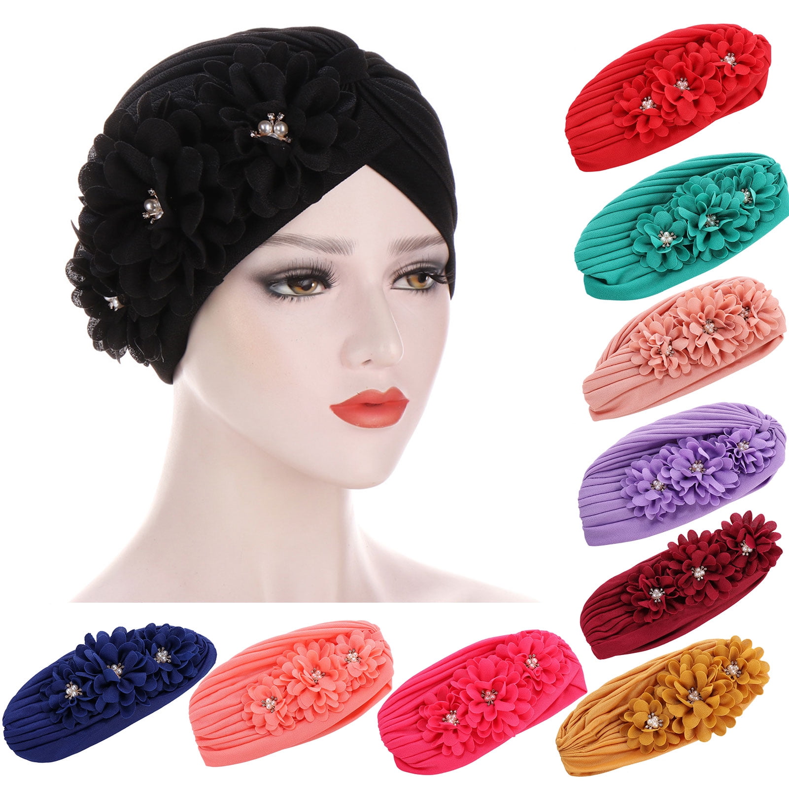 SPRING PARK 10 Colors Women Adult Elegant 3 Flower Decal Design Turban ...
