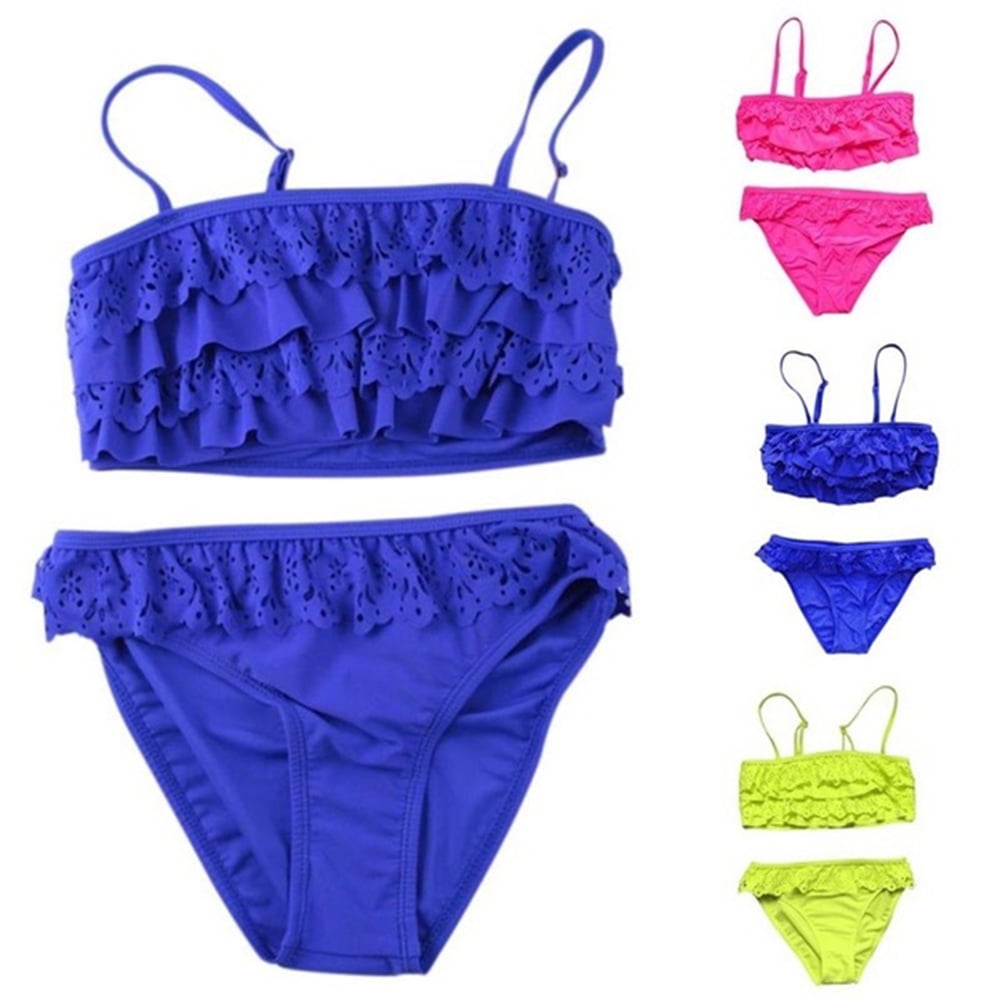 SPRING PARK 2Pcs Children Girls Beach Solid Color Hollow Ruffles Bikini ...