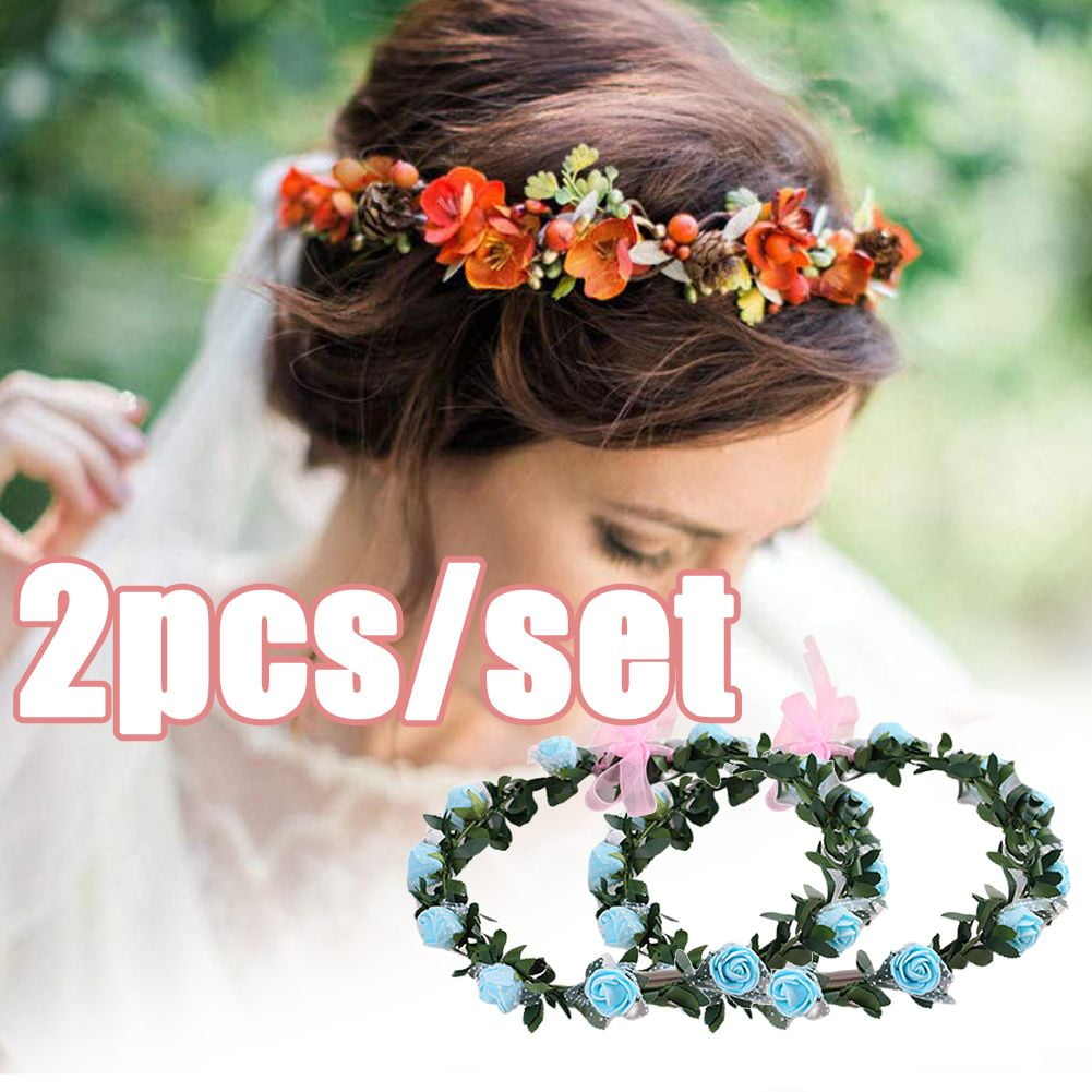 SPRING PARK 2pcs Flower Crown Headband Rose Wreath Garland Hair Bands ...