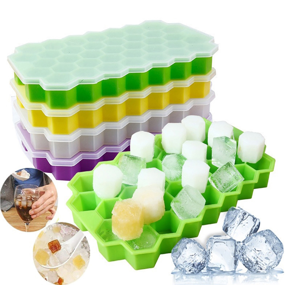SPRING PARK 37 Cubes Honeycomb Shape Silicone Ice Cube Molds with Lid ...