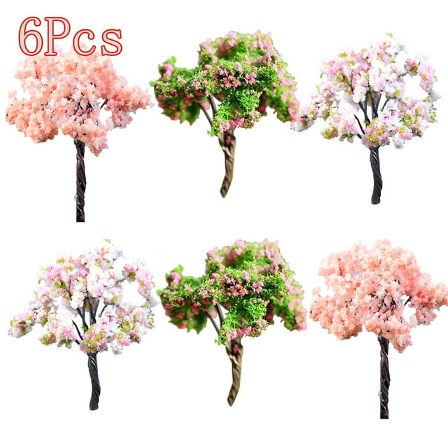 SPRING PARK 6Pcs Mini Cherry Blossoms Tree Miniature Fairy Garden Micro ...