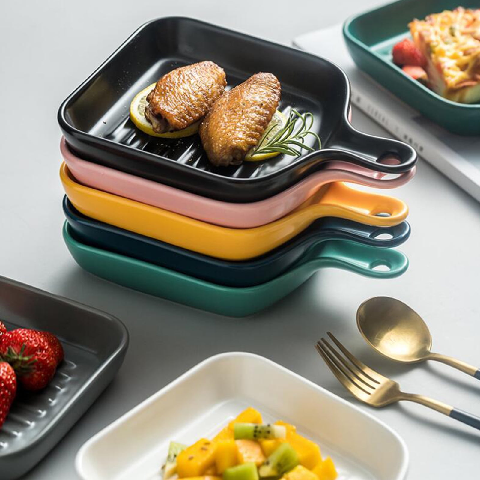 SPRING PARK Ceramic Food Serving Plate With Skillet Look Handle Baking ...