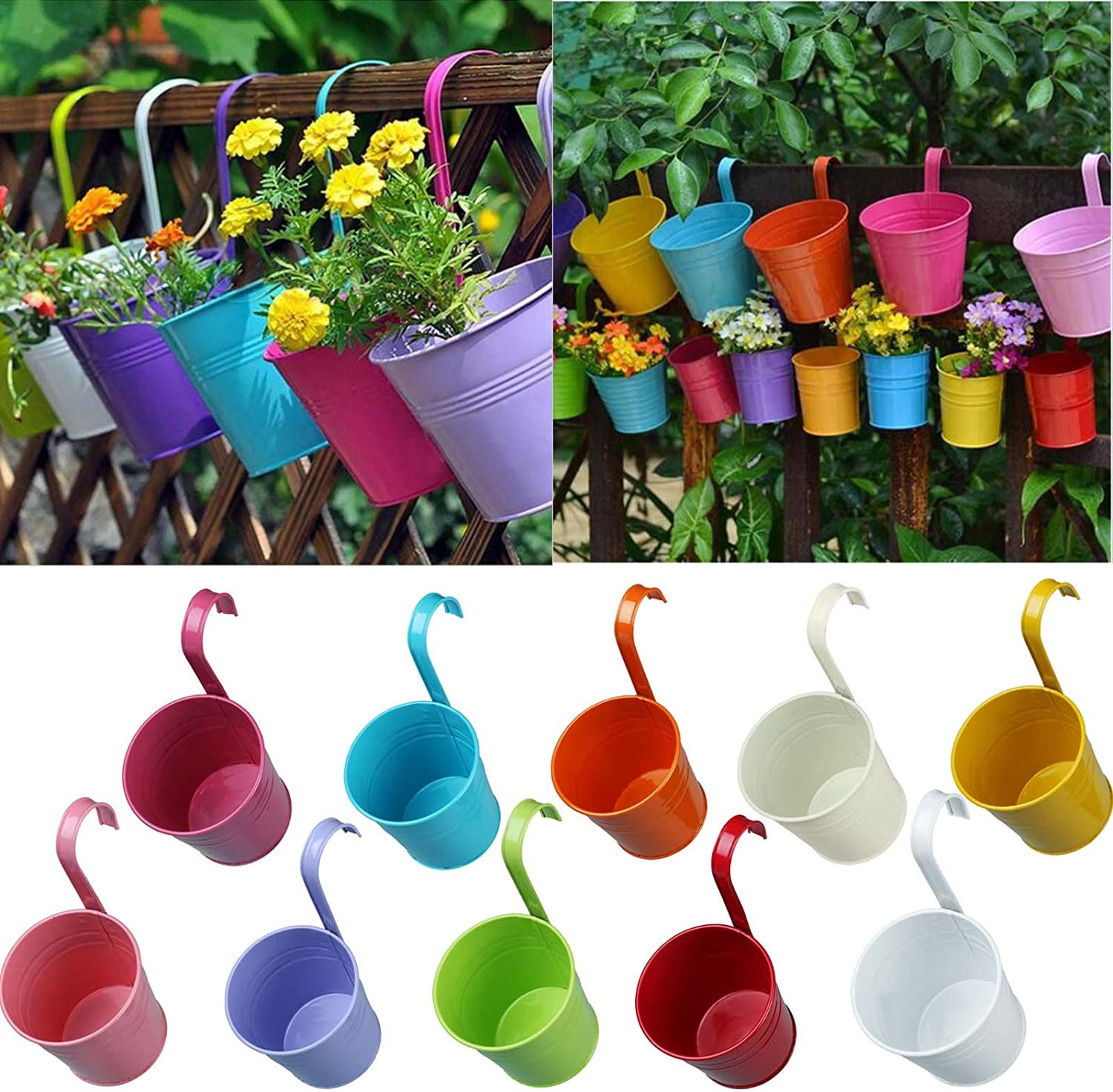 SPRING PARK Colorful Hanging Planter Pots, Metal Hanging Flower Pots ...