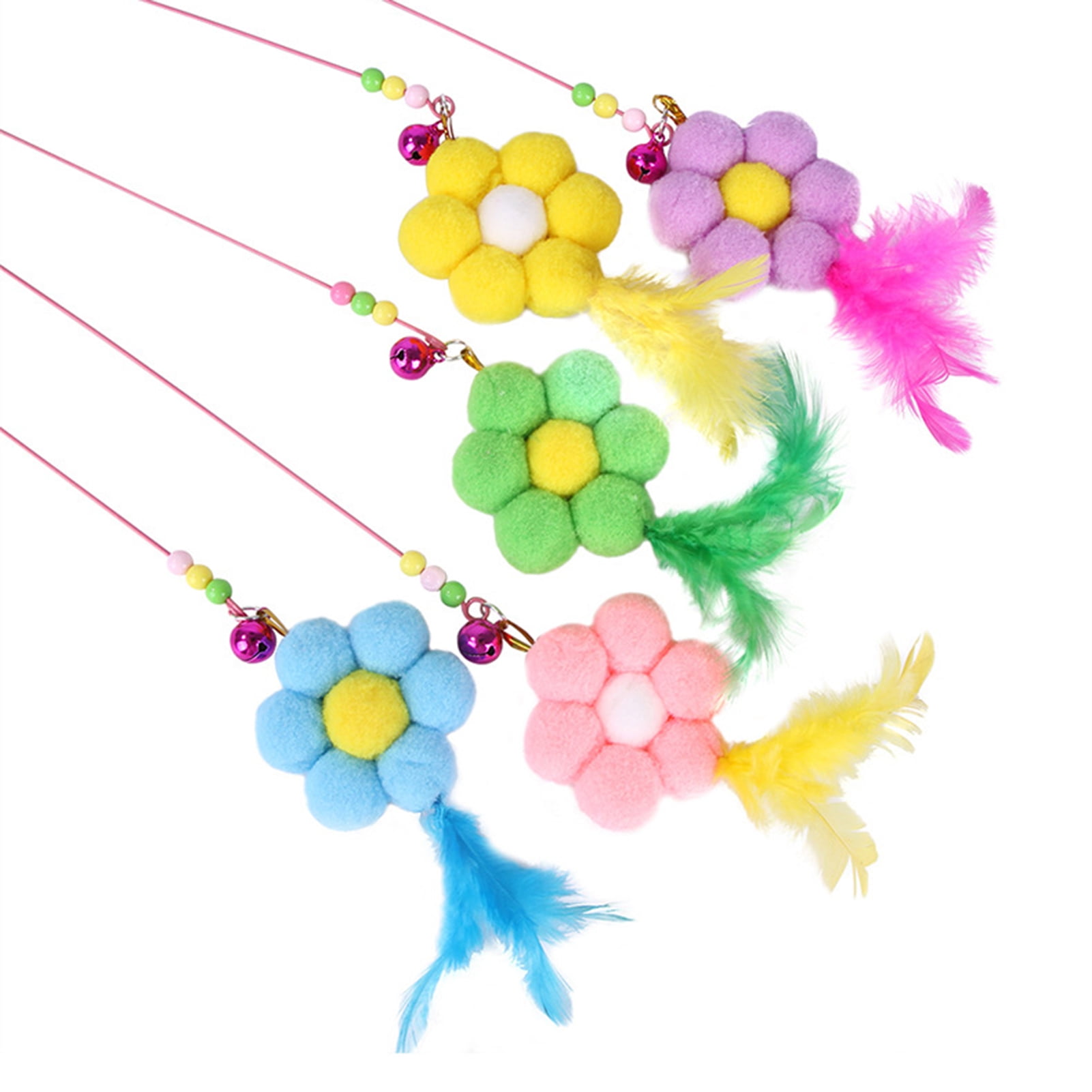 SPRING PARK Kitten Cat Toy Stick Rod Teaser Flowers Design Bell Feather ...