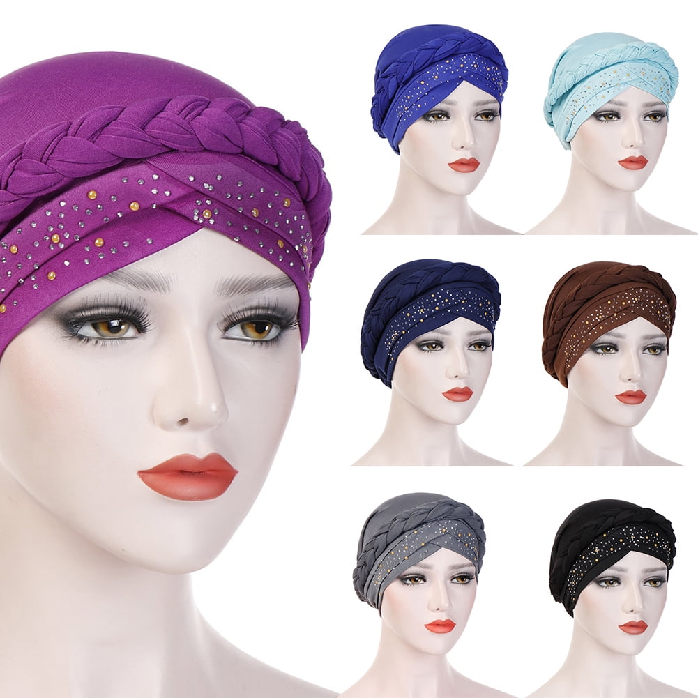 SPRING PARK Muslim Women Classic Turban Hat Shiny Rhinestone Long Braid ...