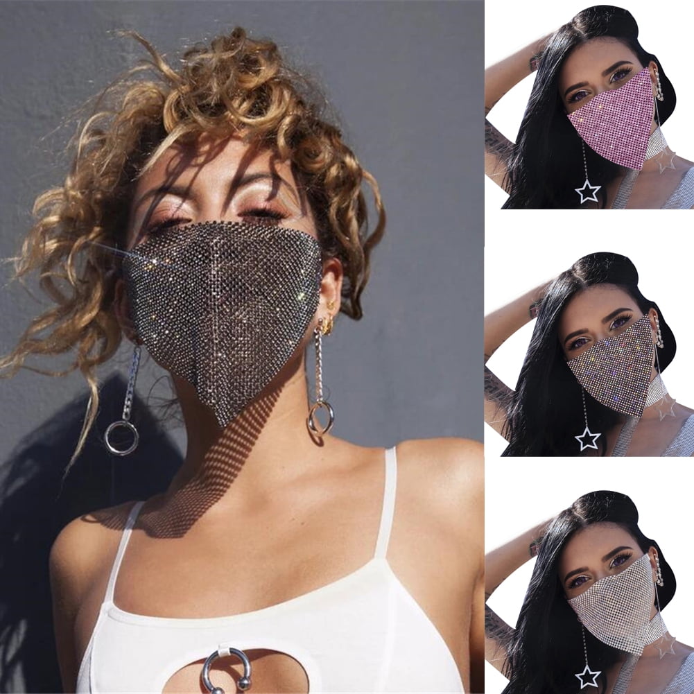 SPRING PARK Women Rhinestone Face Jewelry Mask Reusable Metal Mesh ...