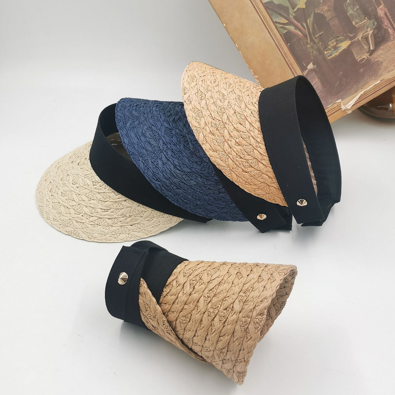SPRING PARK Women Summer Straw Hat Visor Fold able Roll Up Wide Brim ...
