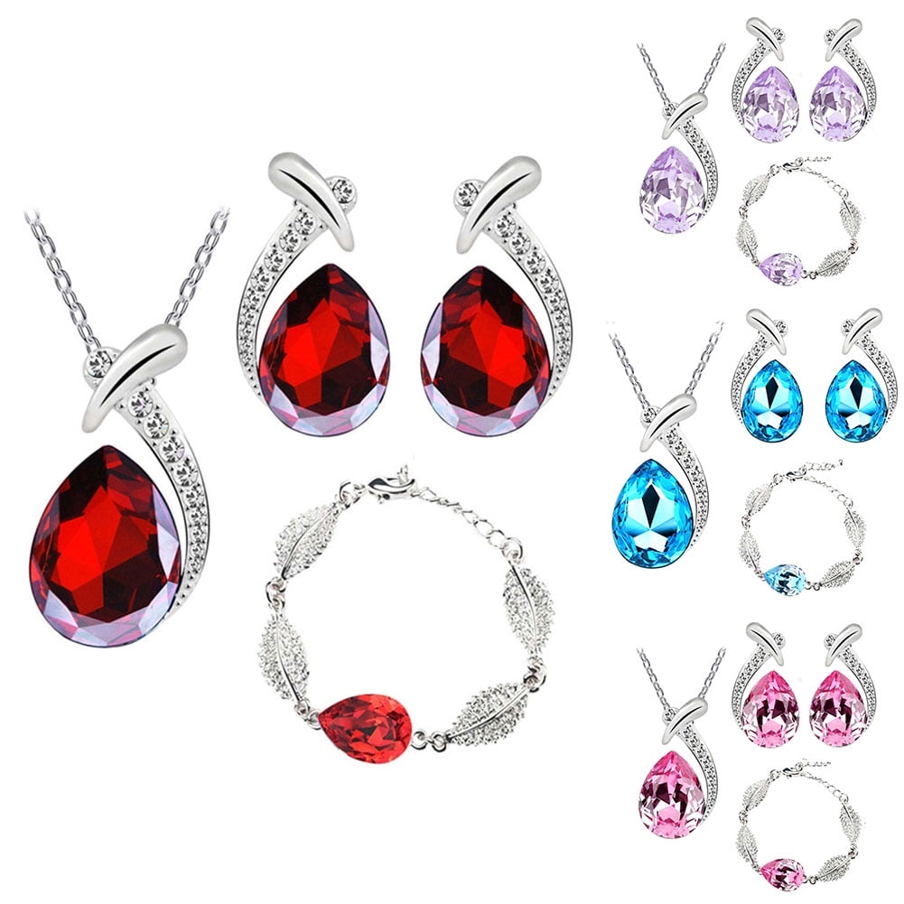 SPRING PARK Women Water Drop Jewelry Set Crystal Rhinestone Inlaid ...