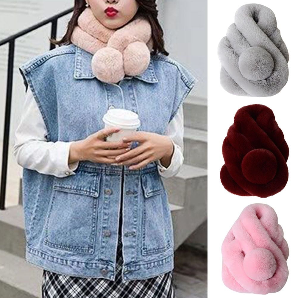 SPRING PARK Women’s Winter Fake Faux Fur Plush Ball Loophole Scarf ...