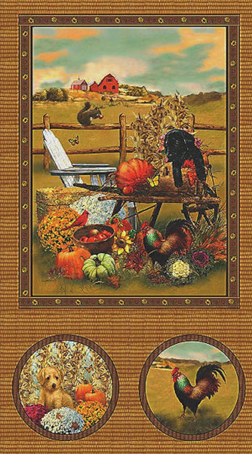 SPX Fabrics Autumn Bounty Farm Rooster, Dogs Red Barn 24x43" Panel ...