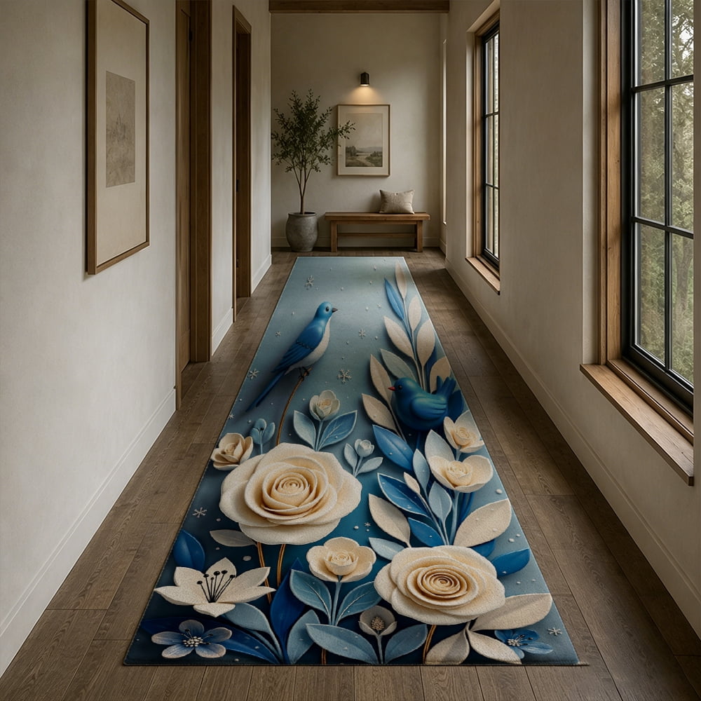 SPXUBZ Blue Bird Floral Velvet Runner Rug Soft Rectangle Hallway Floor ...