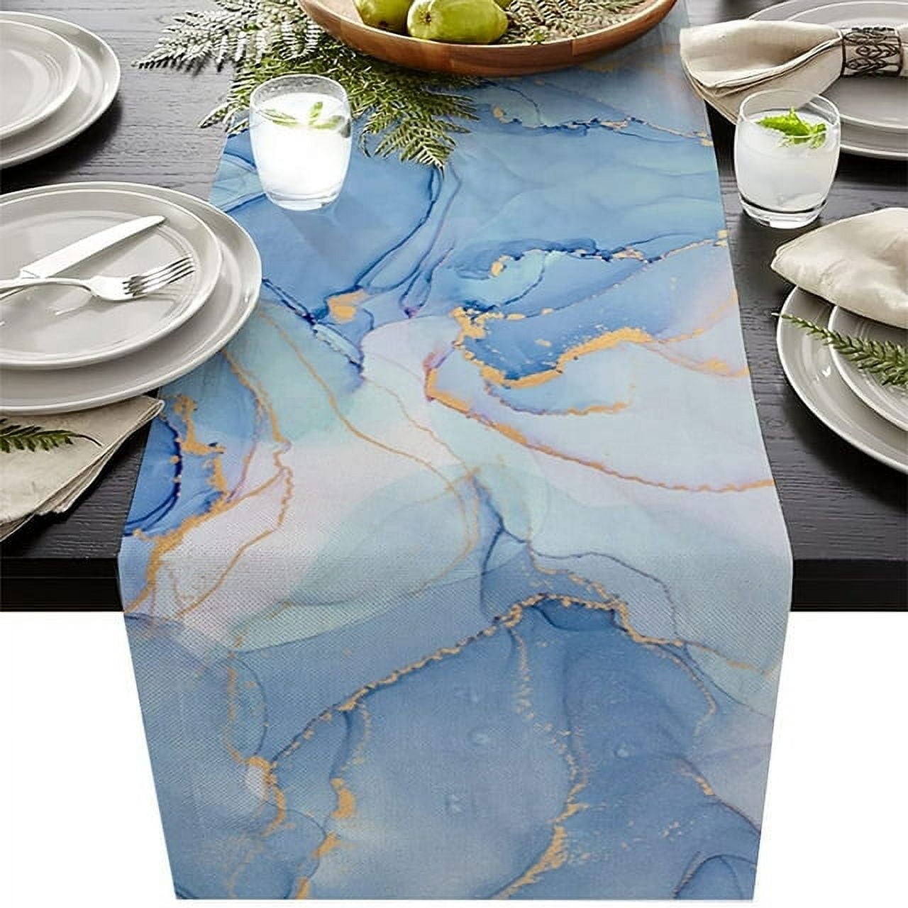 SPXUBZ Blue Marble Table Runner, Burlap Abstract, 13x72 Inch, Cotton ...