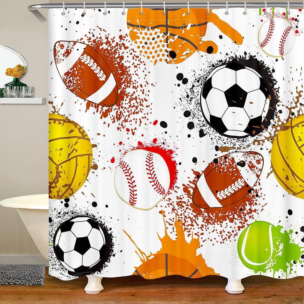 SPXUBZ Boys Baseball Waterproof Shower Curtains Football Basketball ...